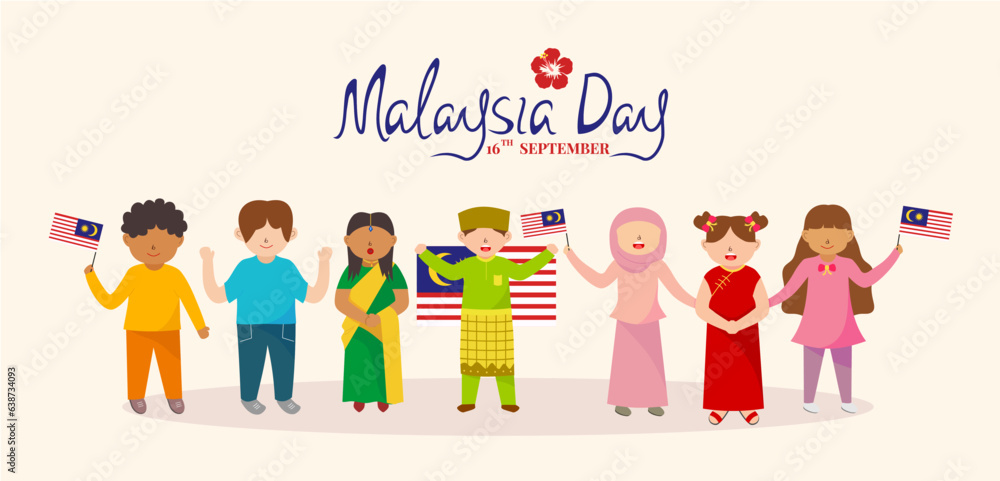 Malaysia day banner vector illustration. Cute cartoon of Malay, Indian ...
