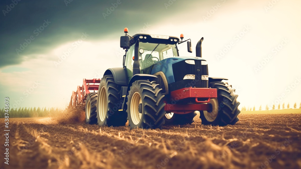 Tractor with harrow in the field against a cloudy sky. Tractor on ...