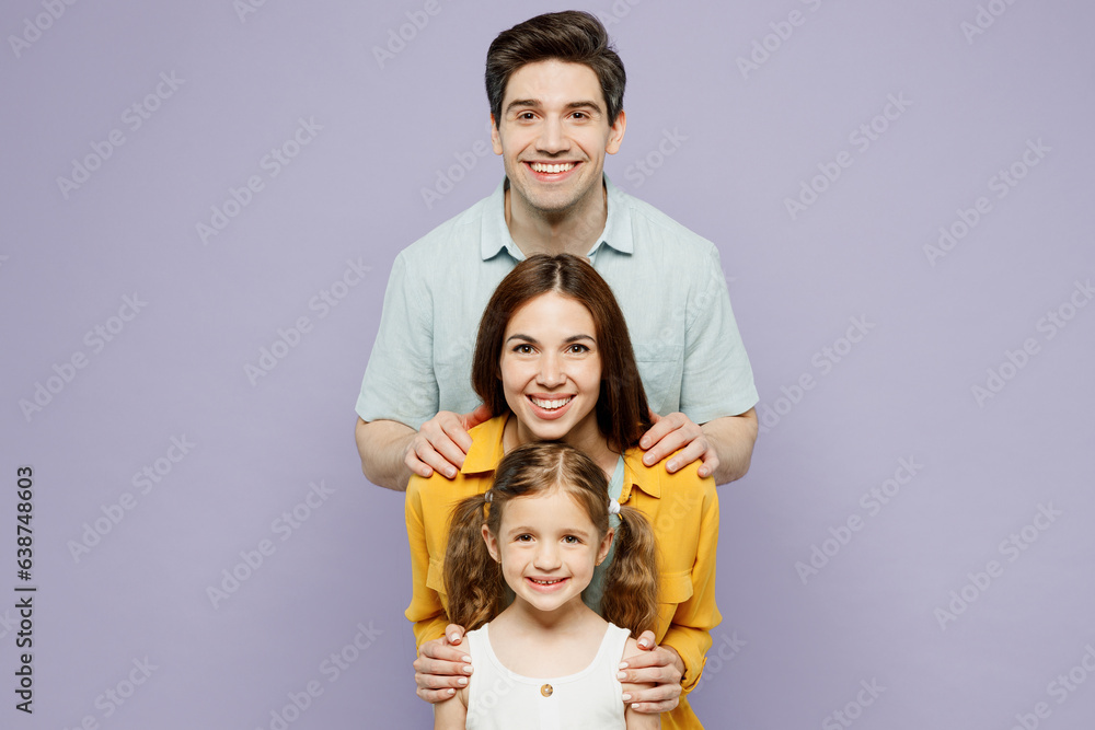 Young happy parents mom dad with child kid daughter girl 6 years old ...