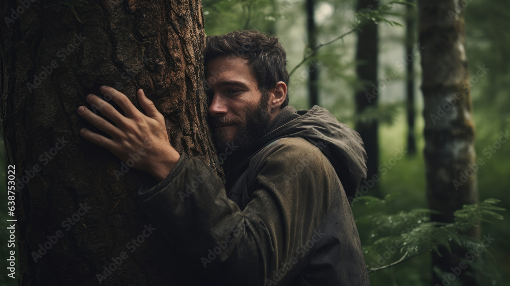 Man hugging tree, people love nature and protect from deforestation or ...