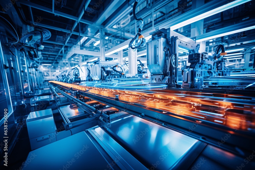 state-of-the-art manufacturing line, bathed in cool metallic blue tones ...