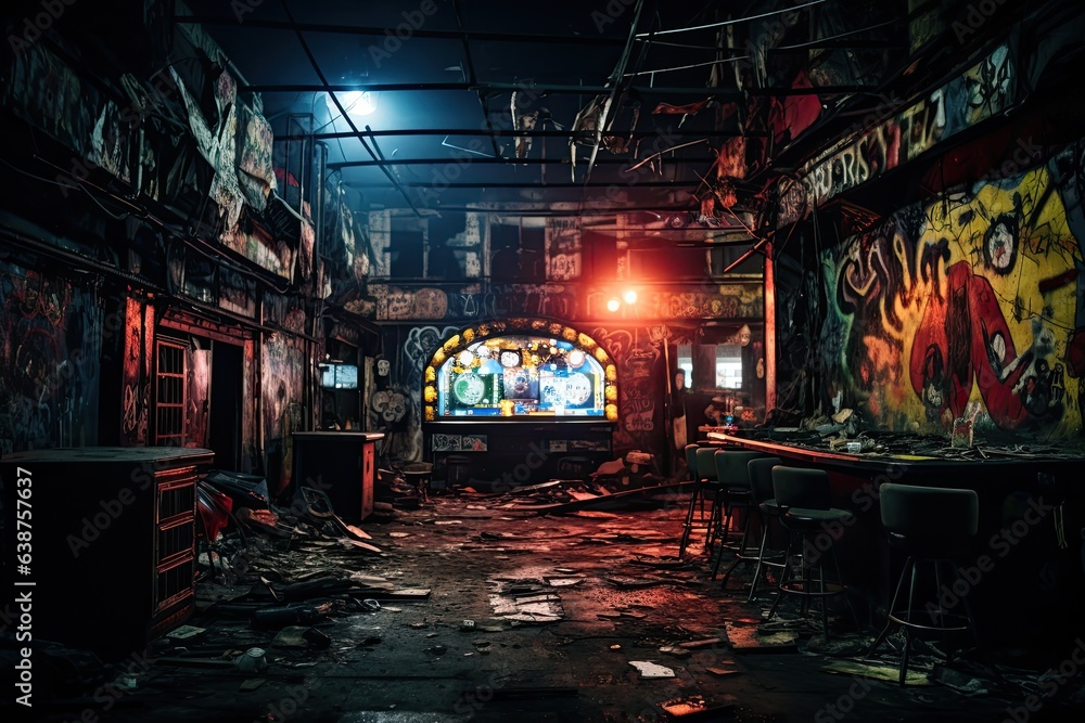 Abandoned factory interior at night with neon lights and graffiti. A ...