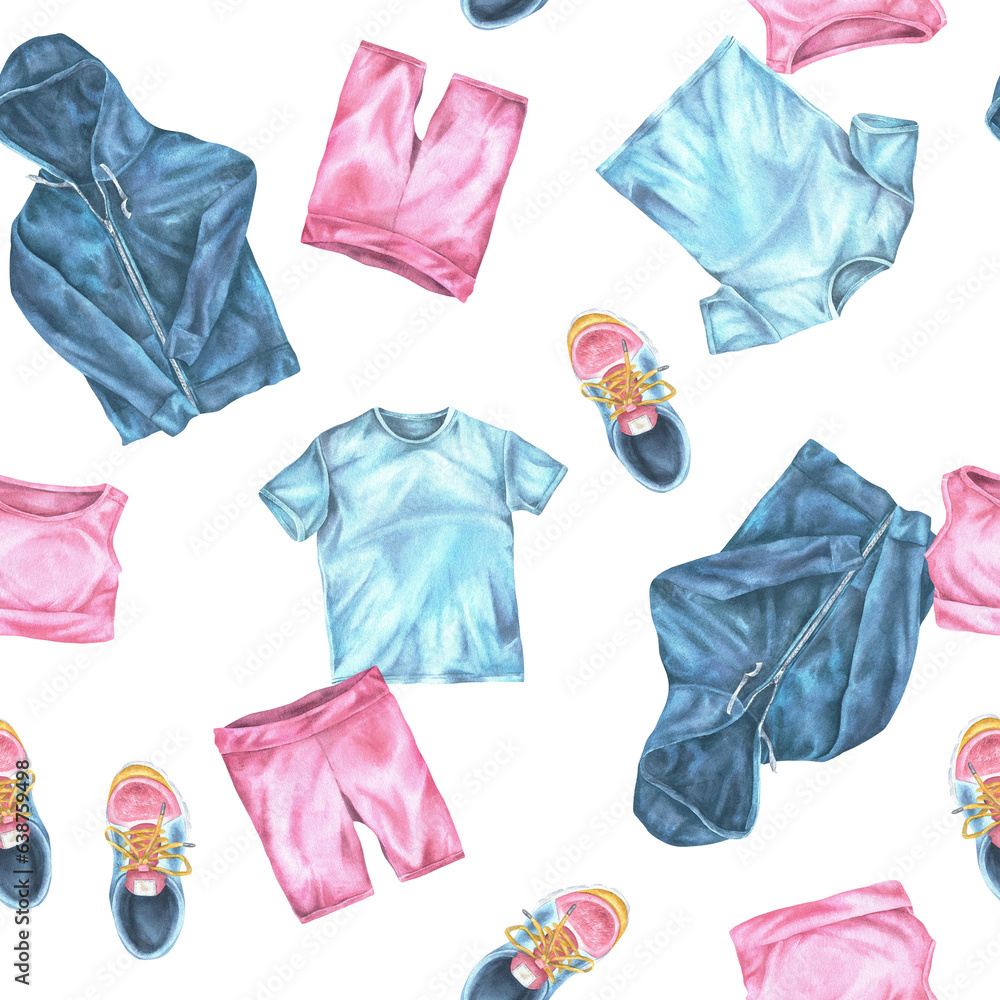Seamless pattern of Sports Wear. Watercolor illustration of fitness ...