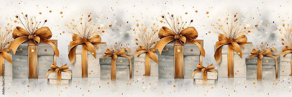 grey gifts with gold ribbons, seamless border pattern, artistic ...