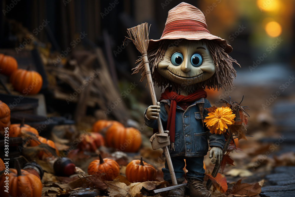 A funny cartoon scarecrow with floppy hat and patched clothing, leaning ...