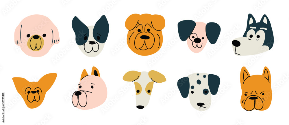 Cute and smile dog heads doodle vector set. Comic happy dog faces ...