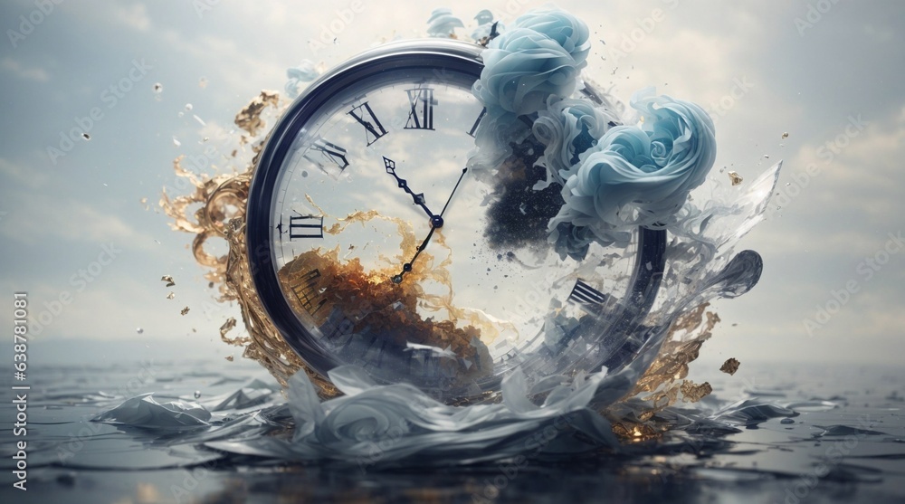 Time is running out concept, a beautiful clock on the river with blue ...