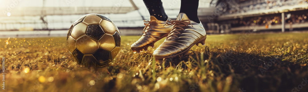 Epic feet of soccer player step on soccer ball for kick off in sunny ...