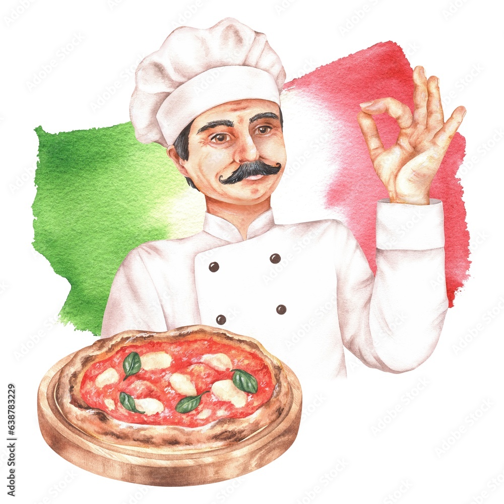 Italian chef holding a tray of Margherita pizza in one hand and making ...