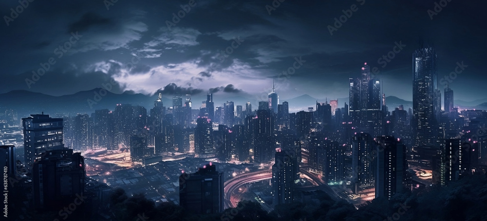 A high angle flyover of a surreal dark gotham like party goblin city ...