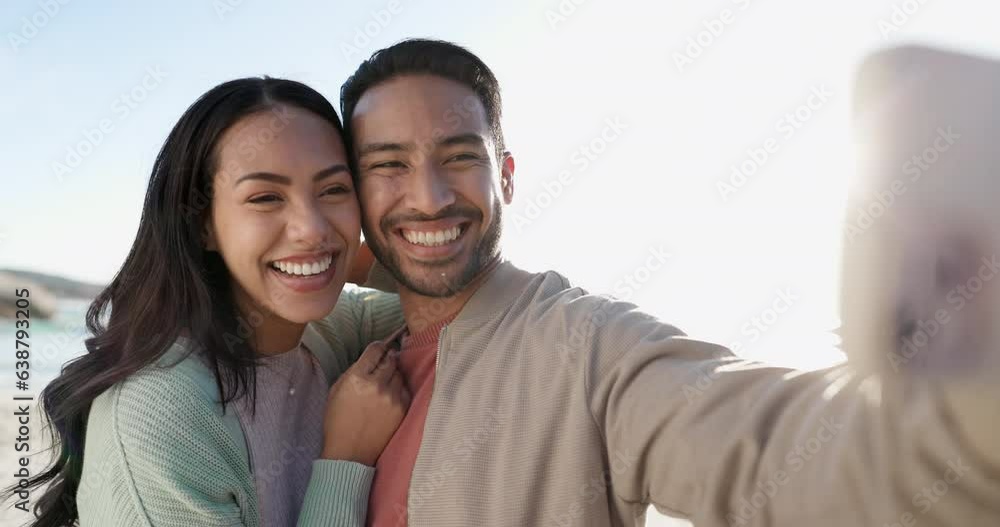 Selfie, peace sign and couple at beach, happy and bonding together on vacation. Wink ...
