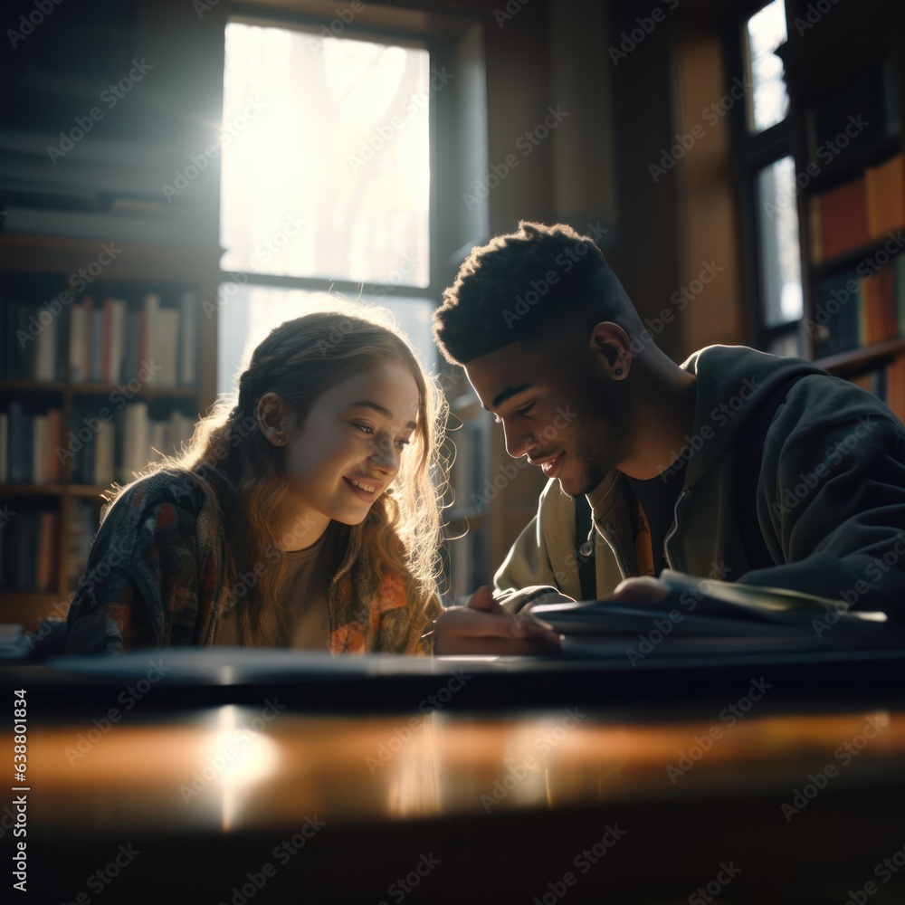 Happy teenagers study in the classroom. Couple of boy and girl is ...