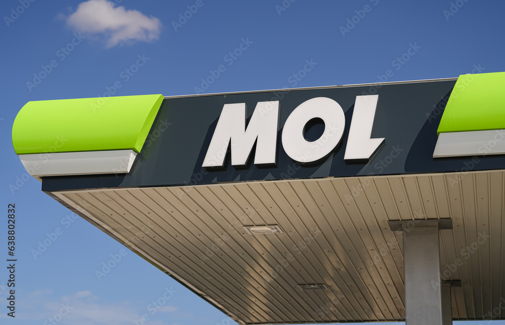 Bucharest, Romania - 2 August 2023: The logo sign of a MOL gas station ...