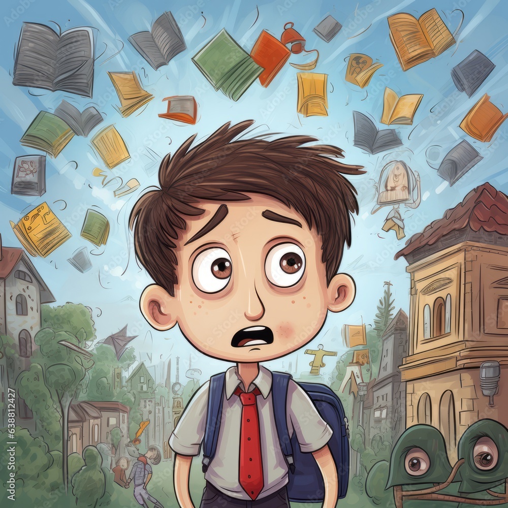 Graphic, Illustration, Cartoon Boy. Heading to School, Overwhelmed by ...