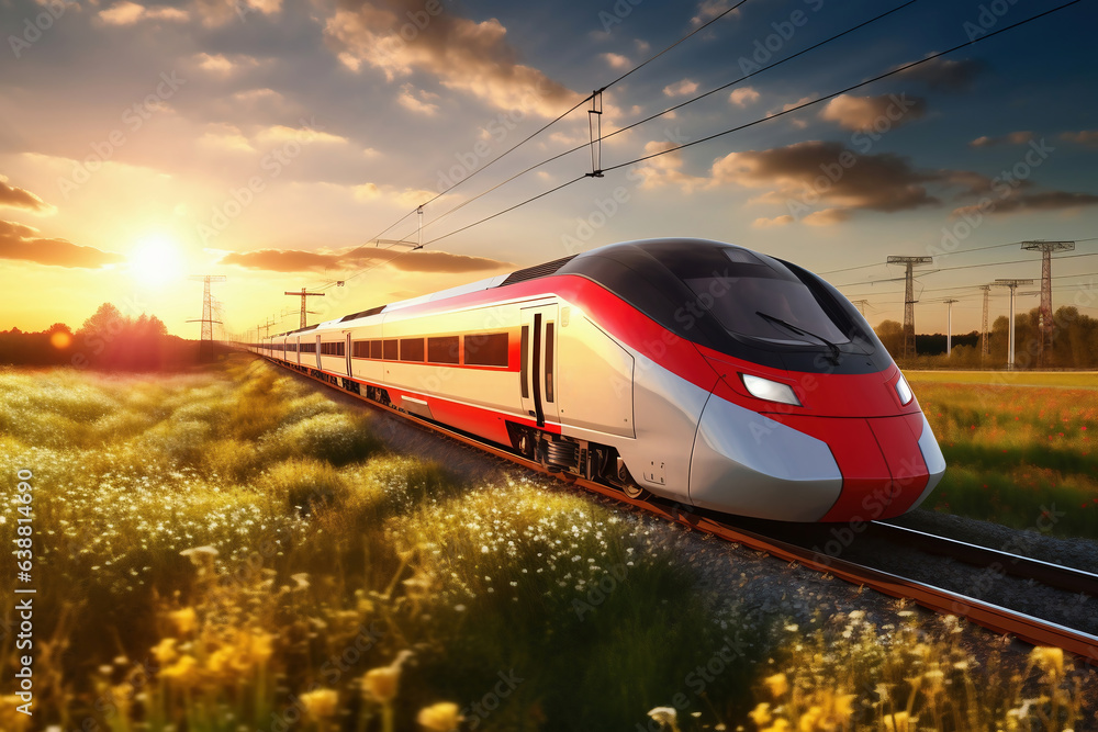 A modern high-speed train moves along the railway tracks against the ...