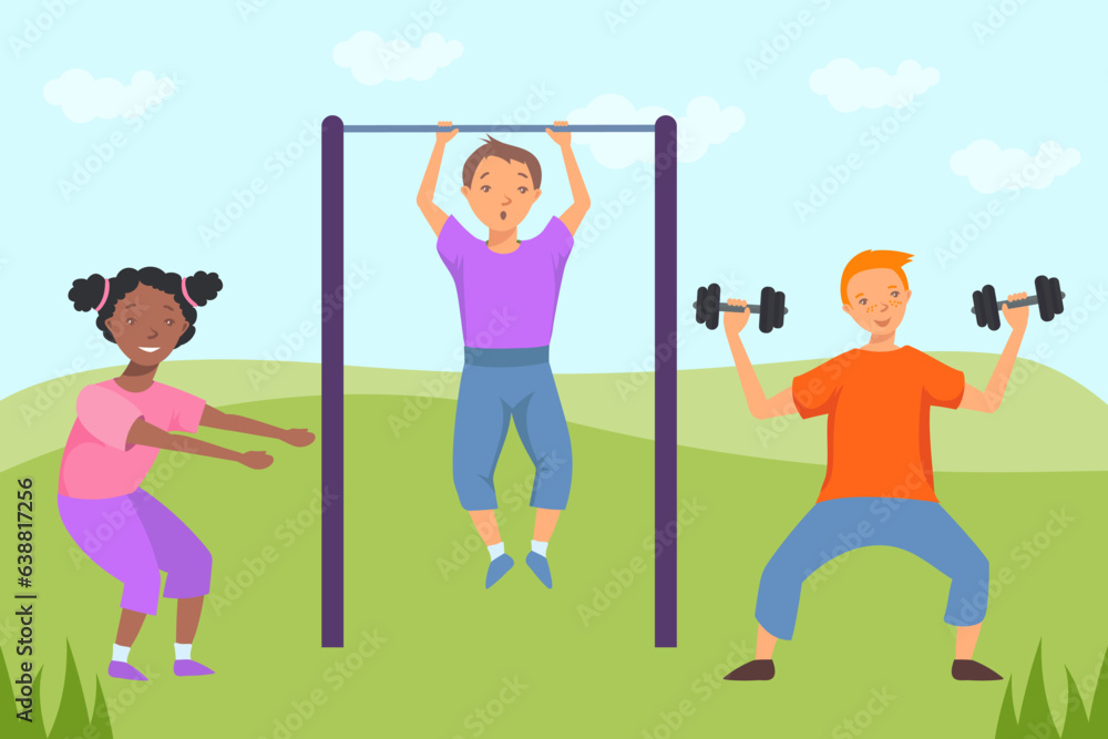 Happy children exercising outdoors together vector illustration ...