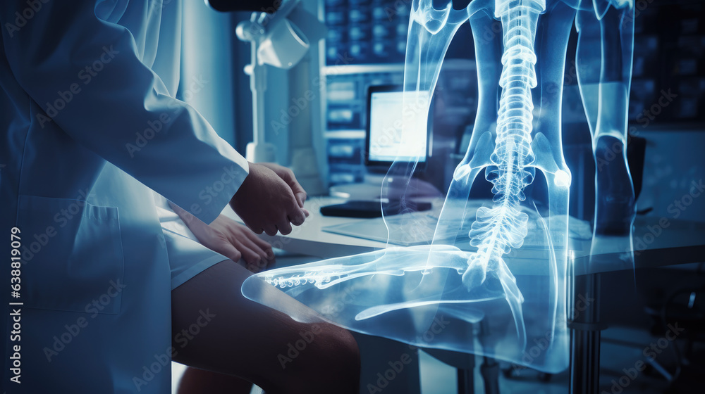 Orthopedic surgeon doctor examining patient's knee joint x-ray films ...