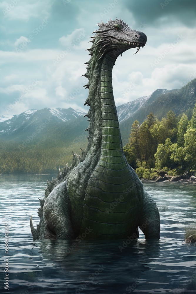 loch ness monster, the famed lake monster of Loch Ness in Scotland, rears out of the waters of ...