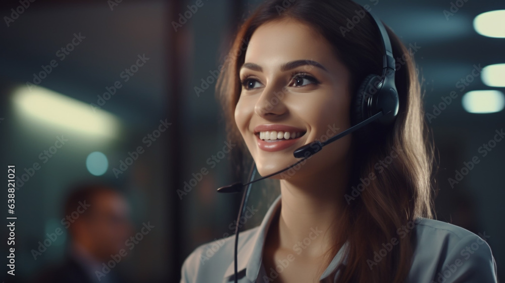 Call center, woman and working in team office with headset, computer ...