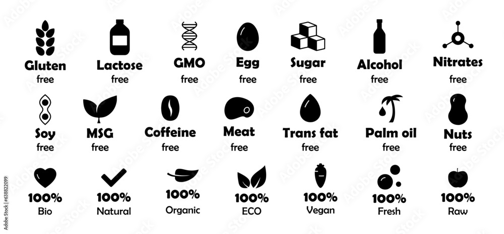 Set of ingredient free labels for product and food. Allergen free icons ...