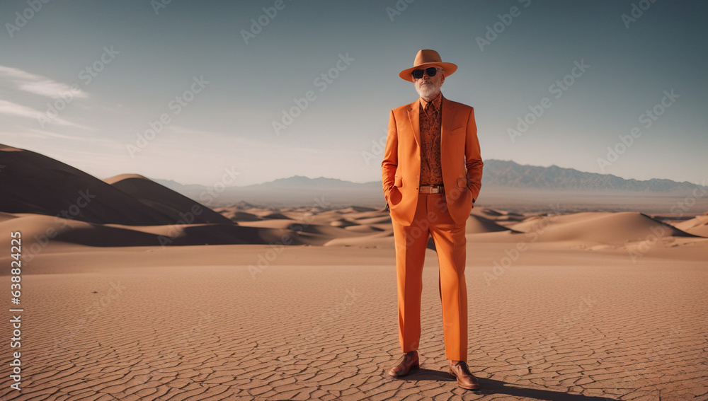 A high-fashion photo featuring an old male model in orange outfit avant ...