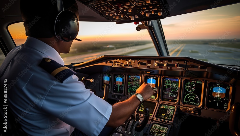 Pilot in the cockpit of a plane during flight at sunset. Stock Photo ...