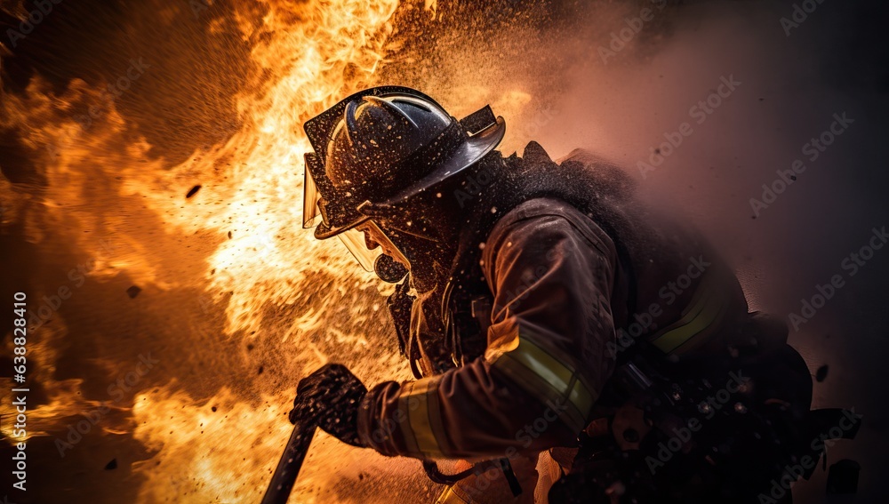 Firefighter fighting a fire with a fire hose in a burning building ...