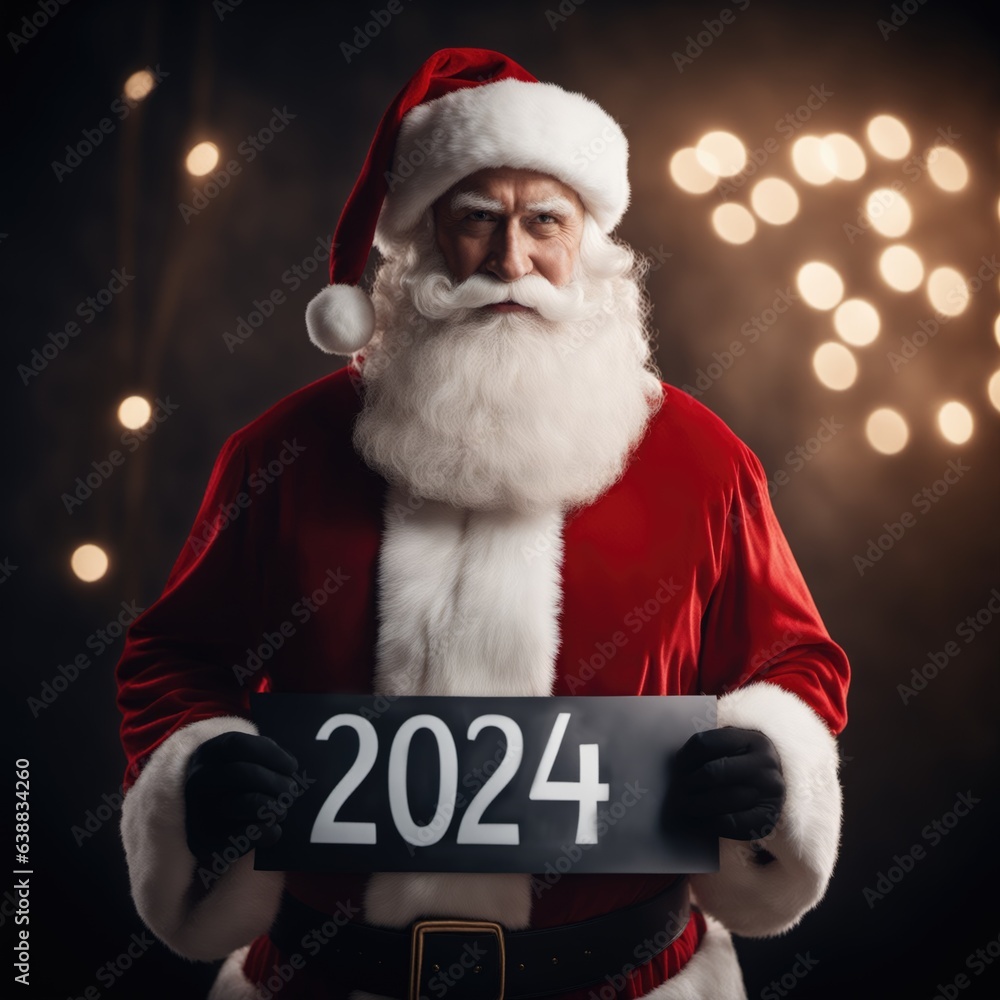 Santa Claus holding a poster with text "2024". Christmas and New Years ...