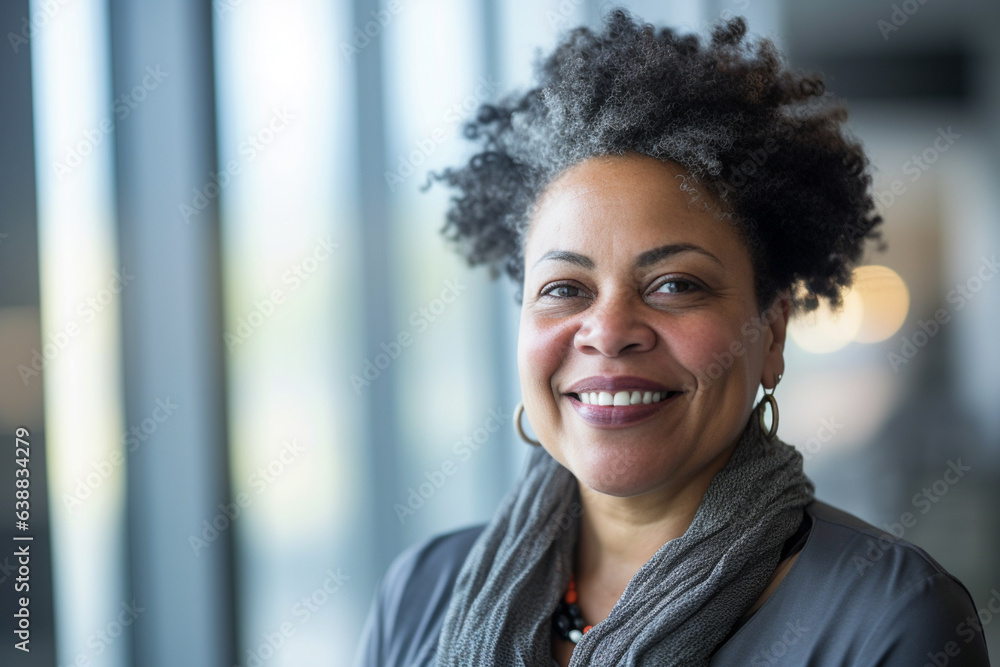 Portrait dark-skinned older woman with glasses, smiling business woman ...