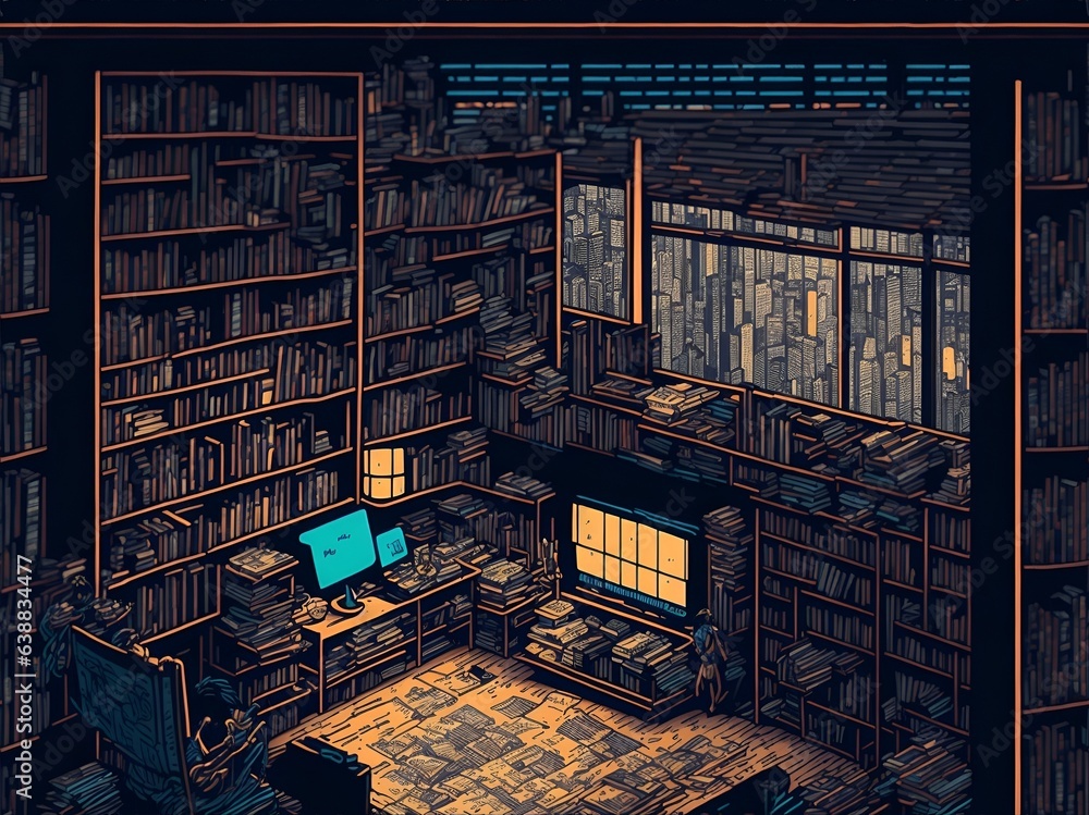 japanese vibe, Home with huge library, Advertisement, Pop art, Linocut ...