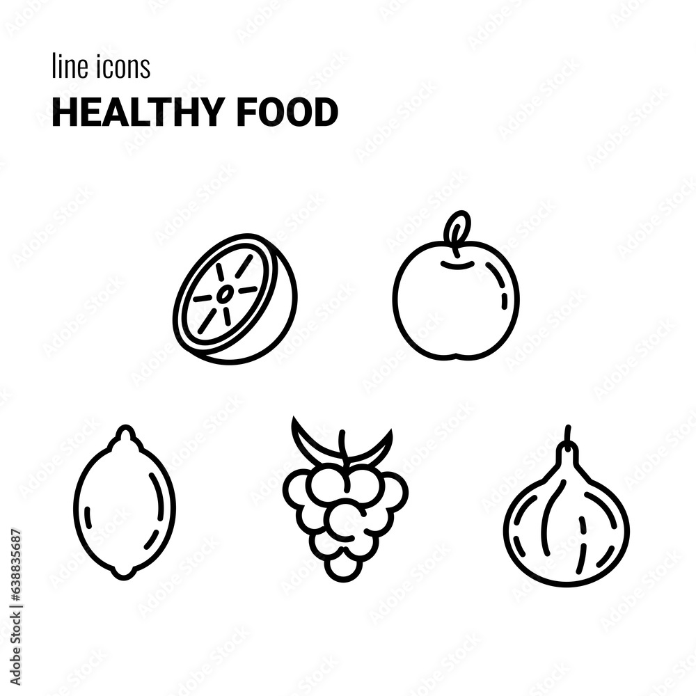 Set of five outline Healthy Food icons, fruit symbols, vector ...