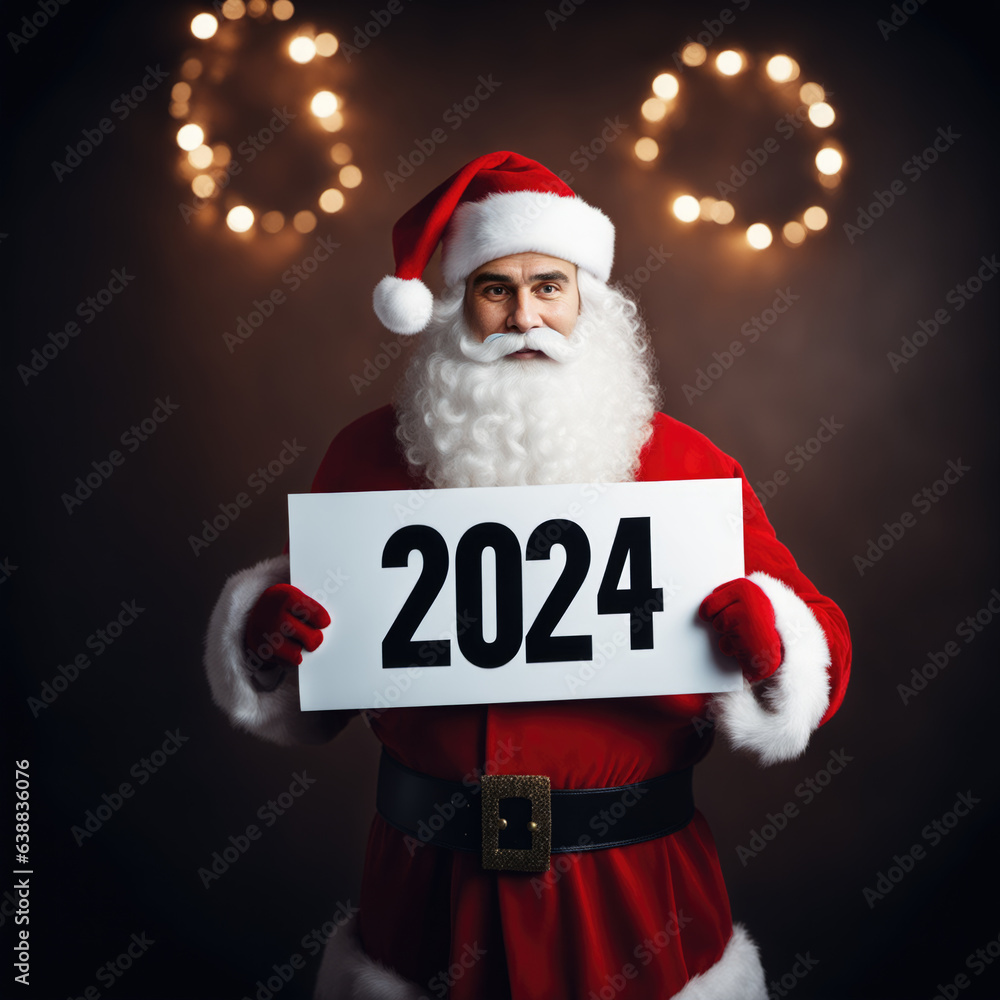 Santa Claus holding a poster with text "2024". Christmas and New Years ...