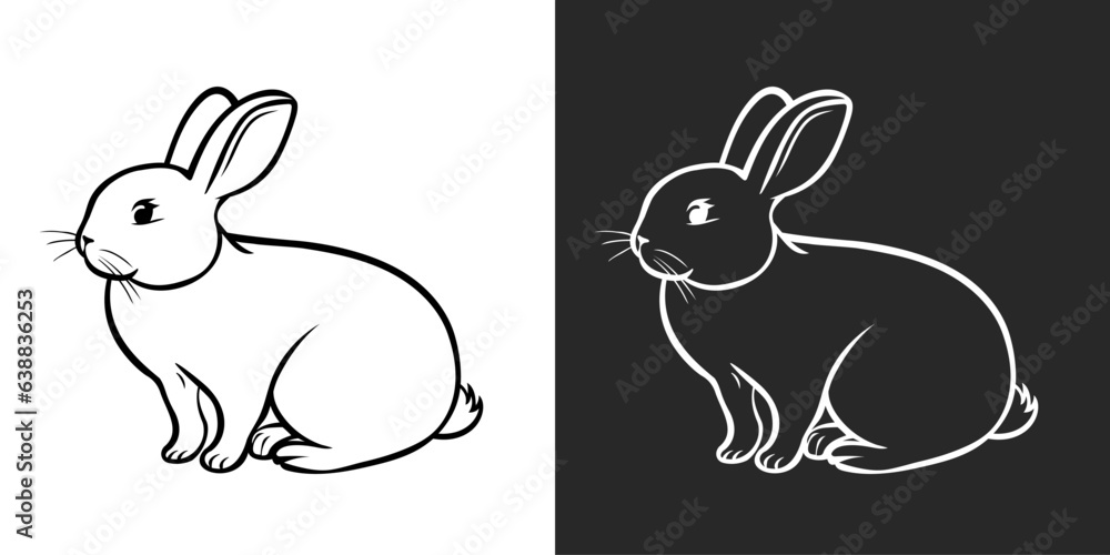 Line art bunny illustration. Cute rabbit with black and white thin ...