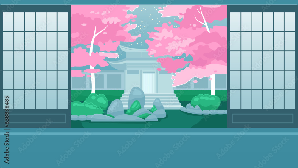 Japanese room interior cute kawaii lo fi background. Sakura garden 2D ...