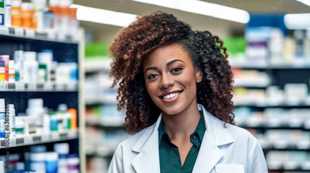 Pharmacist woman checks inventory at a pharmacy. Portrait of black ...