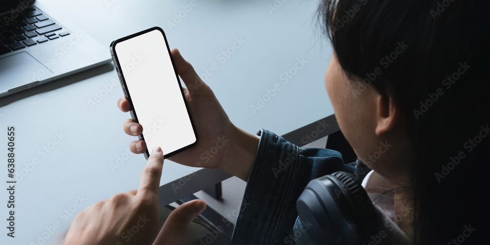 man using mockup mobile smartphone and device white screen empty space ...
