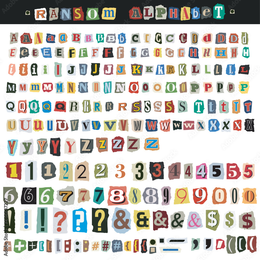Ransom Letters Collage Note Alphabet. A full character marks set of cut ...