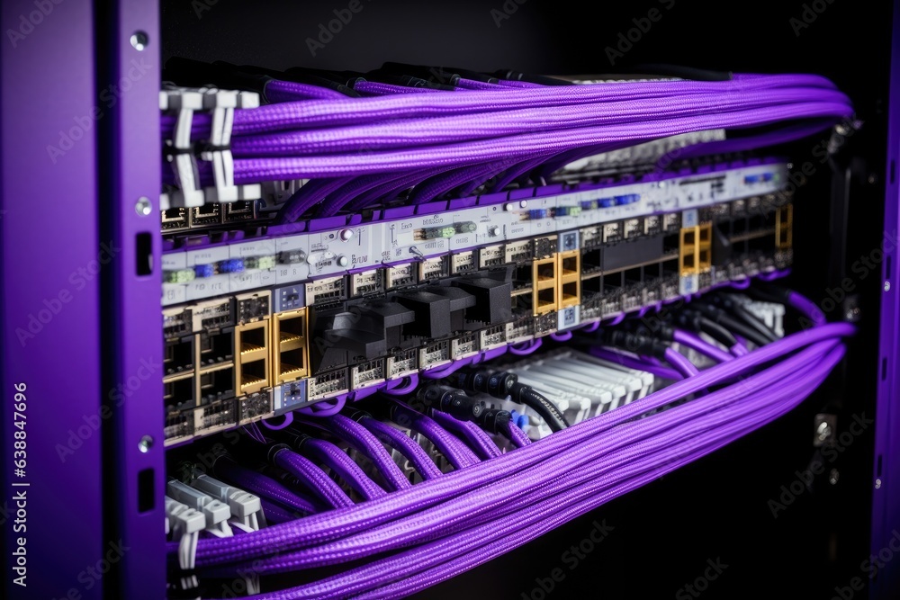 Server room with switch, internet cables and wires. Fiber optic ...