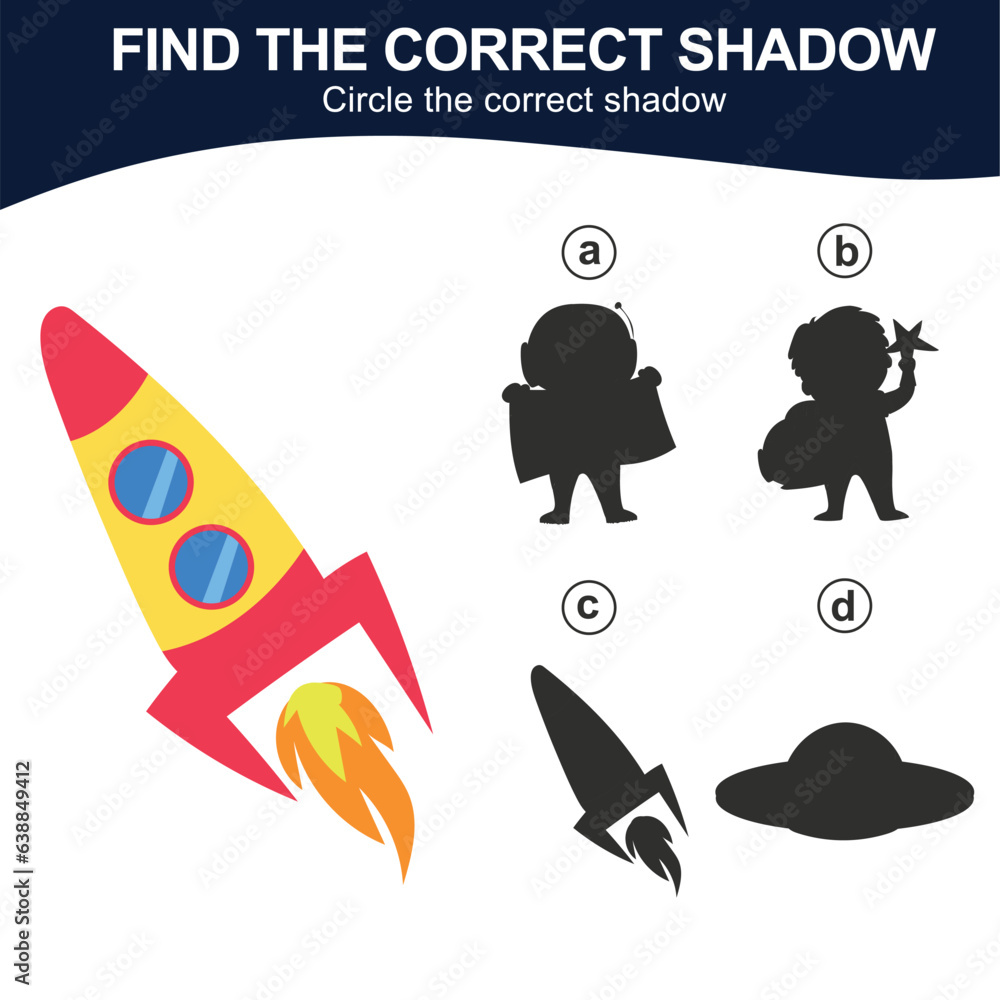 Find the correct shadow of a rocket, space theme. Matching the image ...