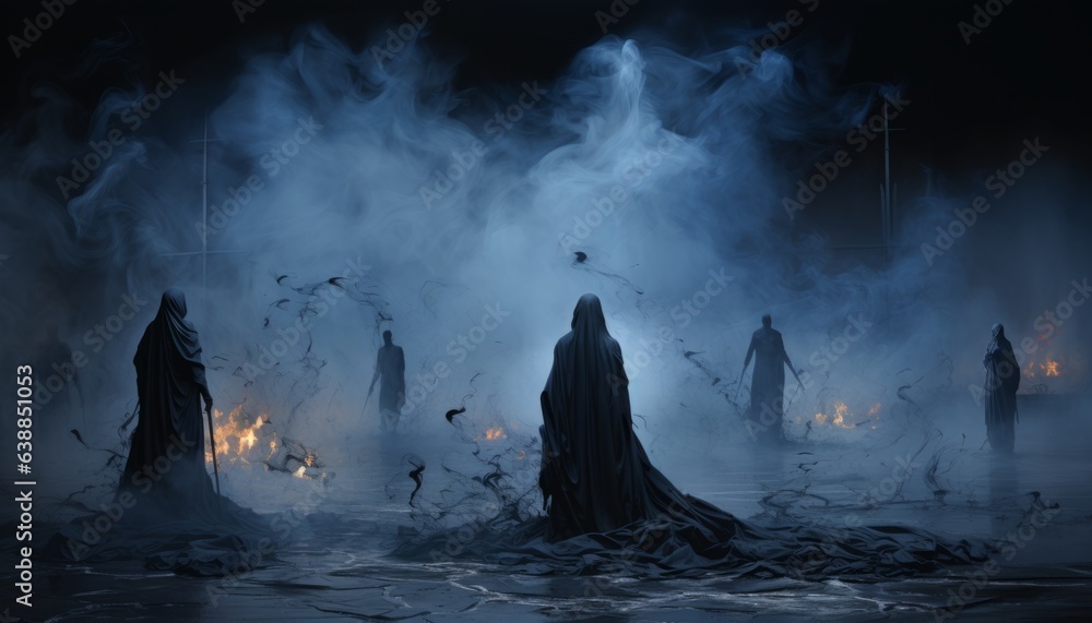 Woman witch in a black long dress without a face, black ghost of an ...