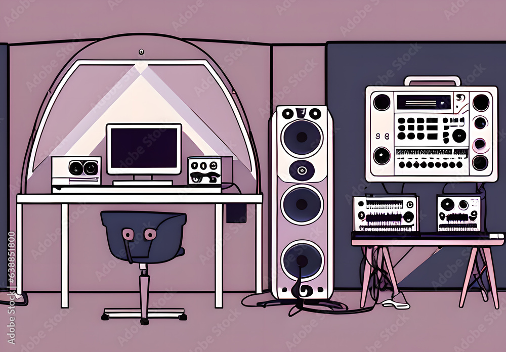Recording studio control room with professional equipment. Isometric ...