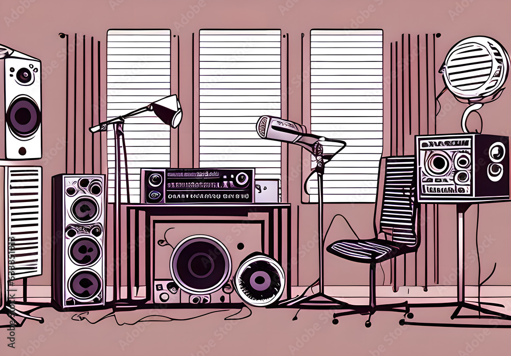 Recording studio control room with professional equipment. Isometric ...