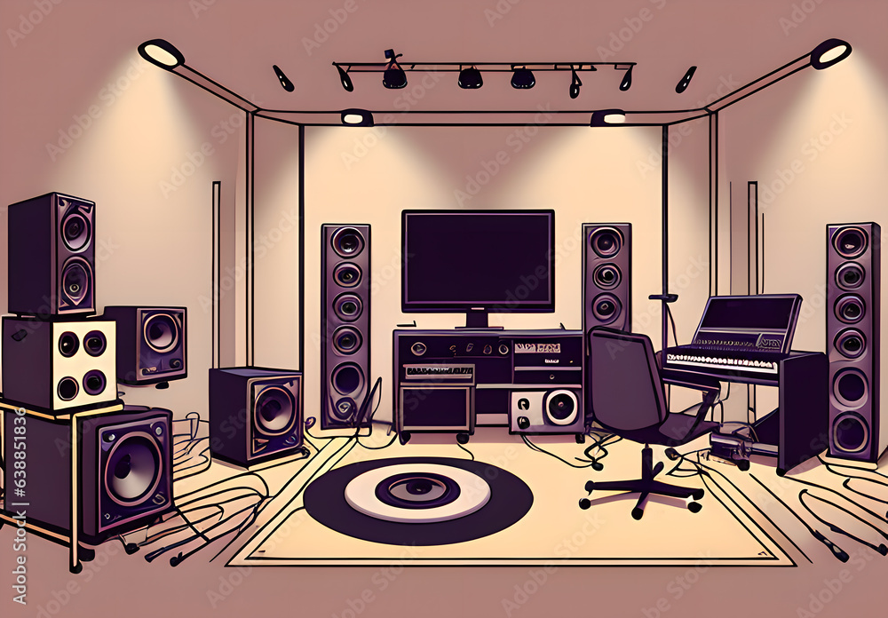 Recording studio control room with professional equipment. Isometric ...