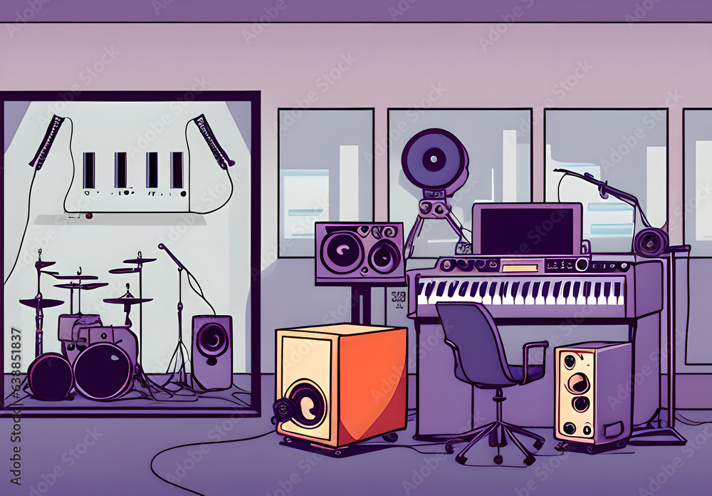 Recording studio control room with professional equipment. Isometric ...
