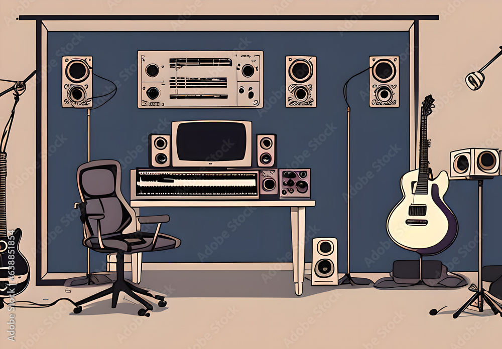 Recording studio control room with professional equipment. Isometric ...