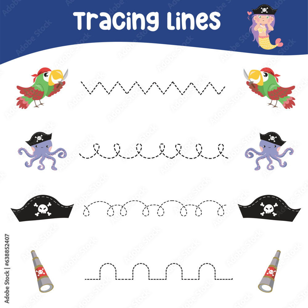 Tracing horizontal lines activity with cute pirate theme. Tracing ...