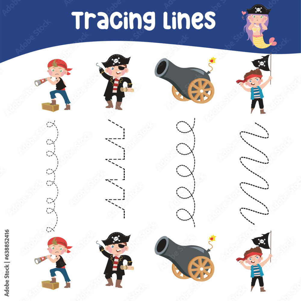Tracing vertical lines activity with cute pirate theme. Tracing ...