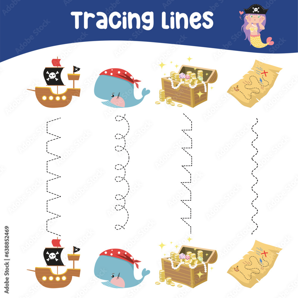Tracing vertical lines activity with cute pirate theme. Tracing ...