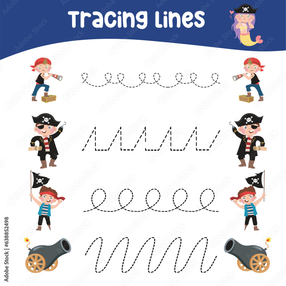 Tracing horizontal lines activity with cute pirate theme. Tracing ...