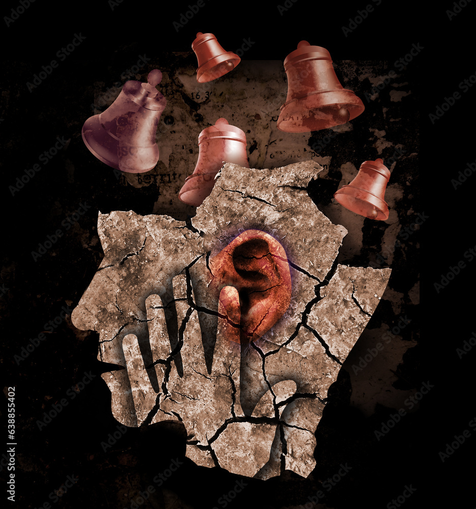 Man with red cracked ear and head, with ringing bells symbolizing ...